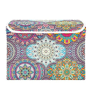 Kigai Vintage Mandela Tiles Storage Bin, Storage Baskets with Lids Large Organizer Collapsible Storage Bins Cube for Bedroom, Shelves, Closet, Home, Office 16.5 X 12.6 X 11.8 Inch