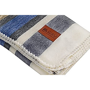 QISU Alpaca Wool Blanket Throw | Large, Beautiful, Warm, Stripe | 85 x 65 inches | Ultra-Soft, Hypoallergenic and Breathable | Non-Itchy or Scratchy Fabric (Brown Blue Grey White)