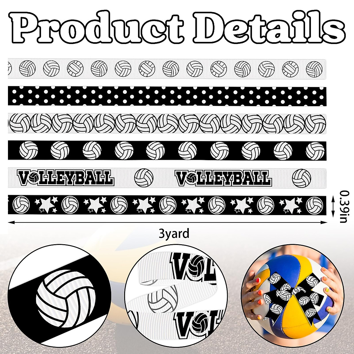 Threetols 6 Rolls 18 Yards Volleyball Ribbons, 3/8&quot; Black White Dot Grosgrain Ribbons Sport Star Ball Ribbons Wrapping Craft Ribbons for Sport Team Decoration and Theme Party Decorations