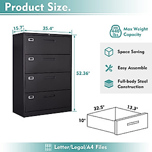 MIIIKO 4 Drawer Lateral File Cabinet with Lock, White Lateral Filing Cabinet, Large Deep Drawers Locked by Keys, Metal Storage File Cabinet for Hanging Files Letter/Legal/F4/A4 Size