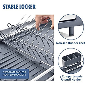 TOOLF Aluminum Extendable Dish Rack, Dual Part Dish Drying Rack with Non-Scratch and Movable Cutlery Drainer and Drainage Spout, Adjustable Dish Drainer for Kitchen, 1 Piece Grey