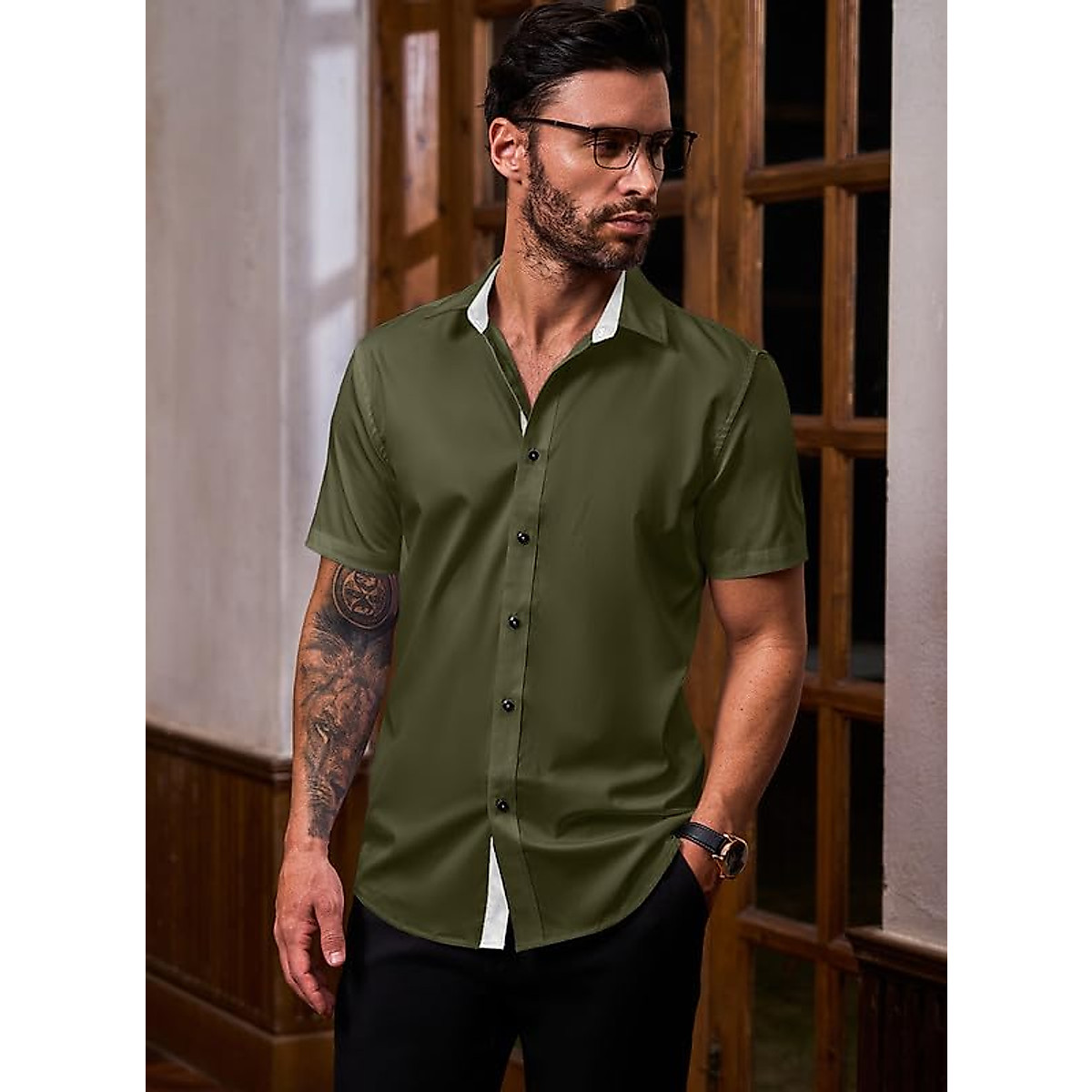 JMIERR Men's Casual Button Down Shirts Wrinkle-Free Short Sleeve Business Muscle Slim Fit Non Iron Dress Shirt for Men, XL, Olive Green