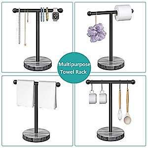 Hand Towel Holder Stand, Pynsseu Counter Freestanding Towel Rack with Marble Base, SUS304 Stainless Steel T-Shape Face Towels Standing for Bathroom Kitchen Vanity Countertop (Matte Black)