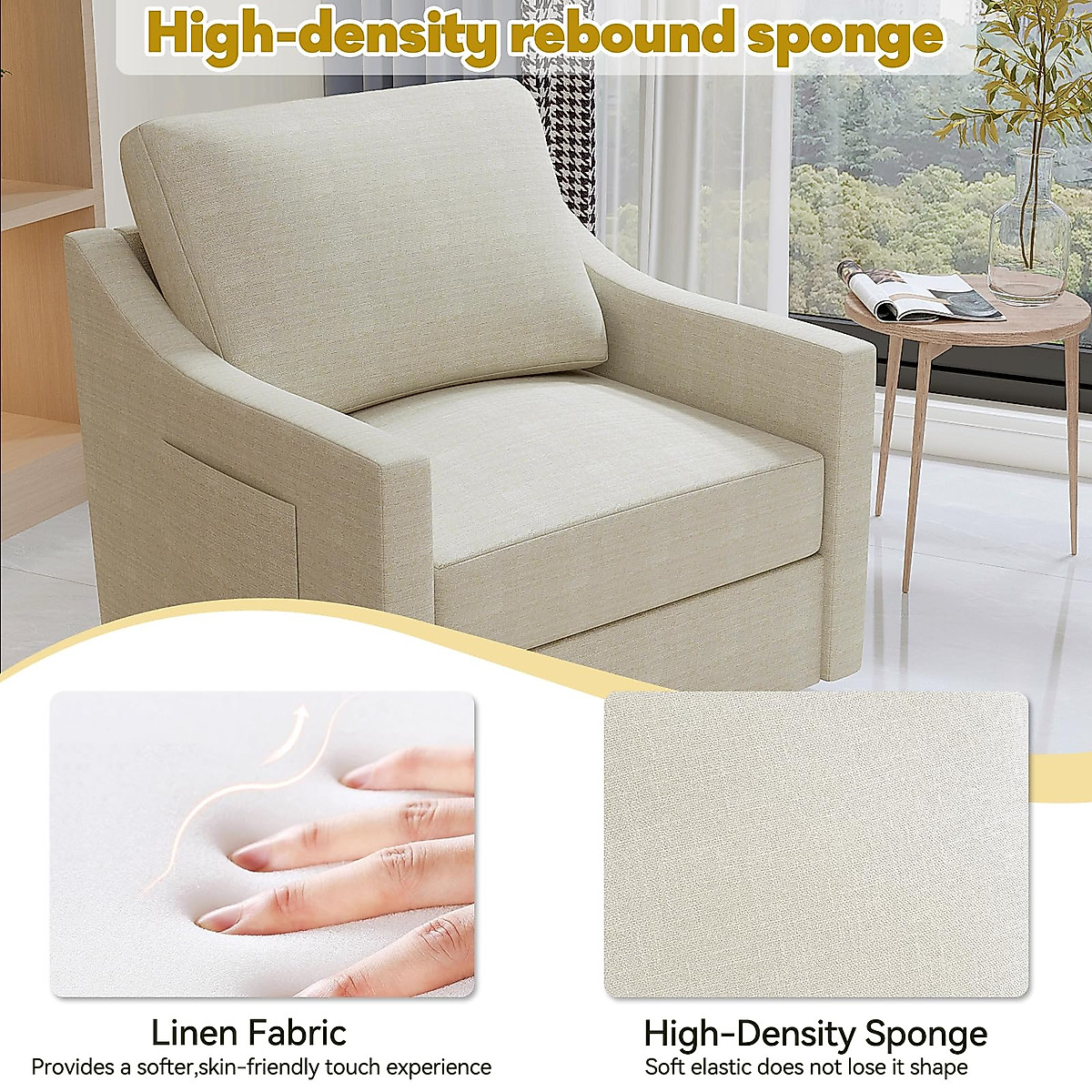 Suvivityse Swivel Accent Chair,360° Big Armchair Modern Living Room Chairs Comfy Cushions,Large Capacity Home Office Desk Chairs for Small Space as Apartment Office Lounge (Beige, Seat B)