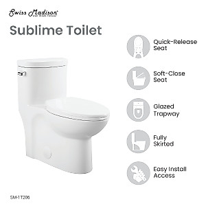 Swiss Madison Well Made Forever SM-1T206 Sublime One Piece Elongated Left Side Flush Handle Toilet 1.28 gpf, Glossy White