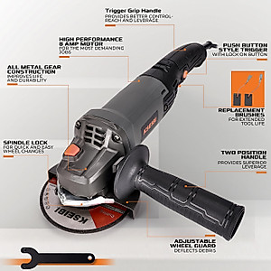 KSEIBI 711943K Angle Grinder Tool - 4 1/2 inch, 950W, 8Amps, 11000RPM, Corded Power Tools Long Handle with 7/8" Arbor Grinding and Cutting Wheels, Flap Disc, Quick Adjustable Guard, and Storage Bag