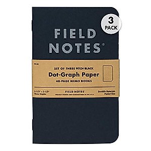 Field Notes 3-Pack Pitch Black Memo Books (3.5" X 5.5"), Dot-Graph, 48 Pages | Thin Pocket Sized EDC Notebook With 90 GSM Paper & Paperback Cover | Work Notebooks For Note Taking | Made in the USA