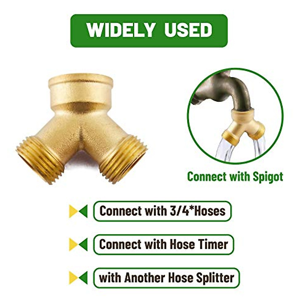 Litorange 1 PCS Lead-free Brass Body Backyard 2 Way Y Valve Garden Hose Connector MHT 3/4" Inch Thread Splitter Adapter + 2 Rubber Hose Washers