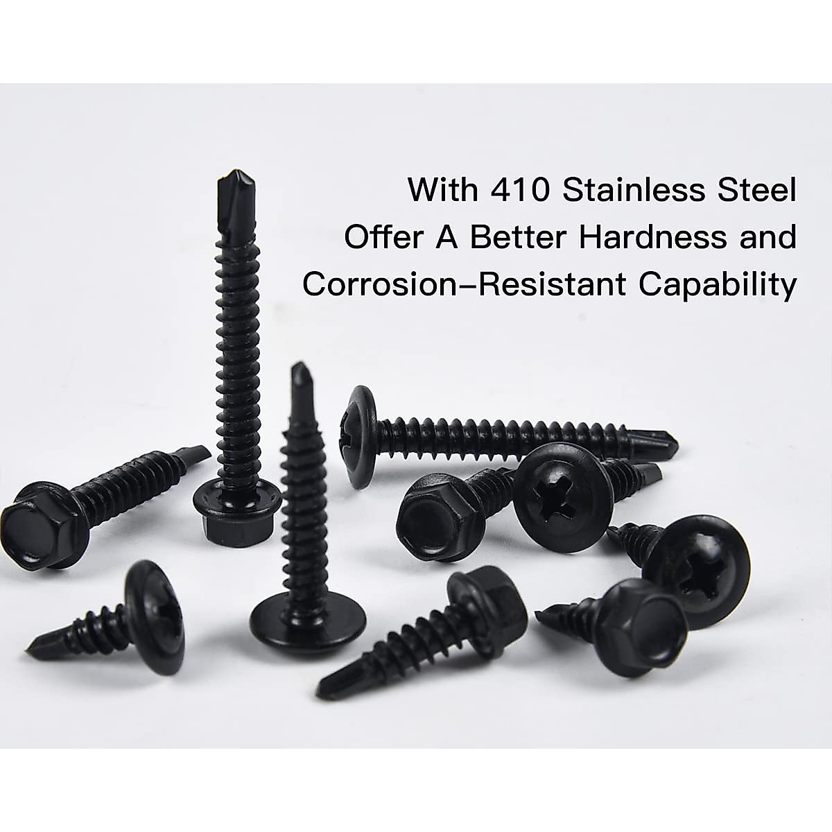 350PCS Self Tapping Screws Assortment, Black #8 Self Tapping Screws for Metal & Plastic with 410 Stainless Steel, Hex Washer Head & Phillips Round Head Self-Tapping Screws for Building & Repair