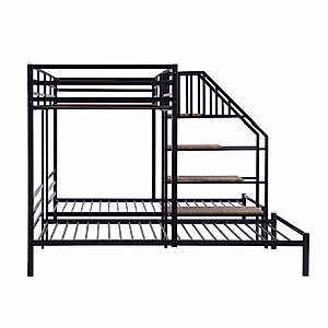 BIADNBZ Twin Size Triple Bunk Bed for 3 Kids Teens, Metal L-Shaped BunkBed with Stairs and Built-in Storage Shelves, for Bedroom Guest Room, Black