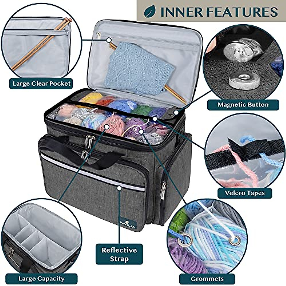 PAVILIA Knitting Bag Yarn Storage Tote, Large Crochet Organizer Bag, Yarn Storage Holder for Crocheting Knitter, Knitting Project Bag, Crochet Accessories Set, Gifts for Crochet Lovers, Charcoal Grey