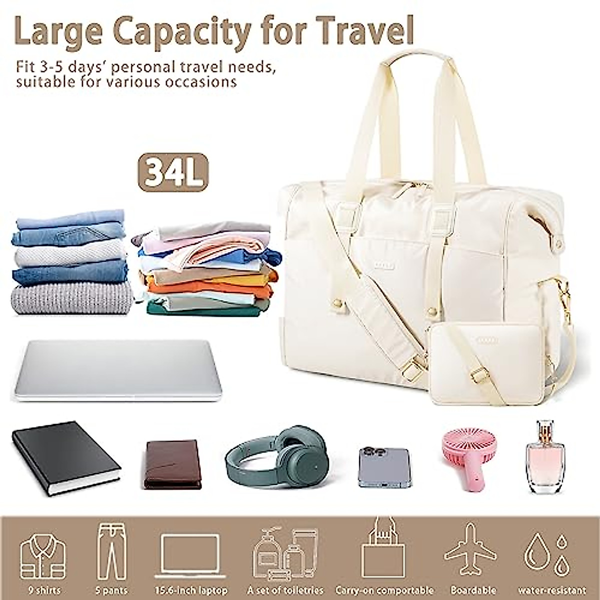 Weekender Bags for Women with 15.6" Laptop Compartment, LYAUK Travel Duffel Bag with Detachable Makeup Bag&Wet Pocket, Carry on Overnight Bag for Airplanes,Hospital Bags for Labor and Deliver Beige