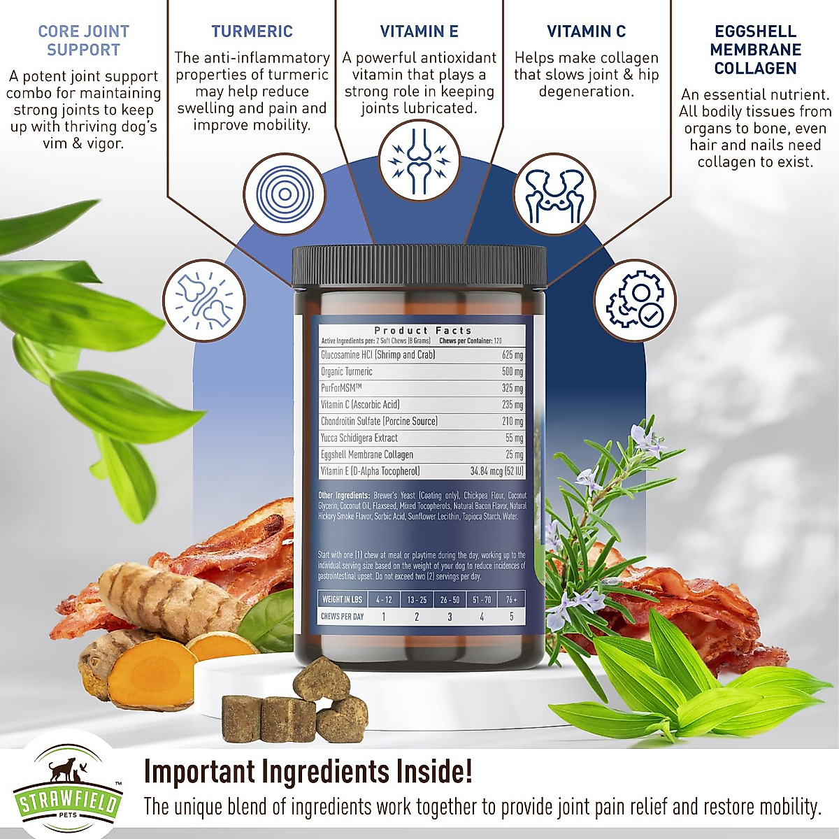 Strawfield Pets Hip + Joint Chews for Dogs Advanced Dog Joint Supplement with Glucosamine Tasty Healthy Mobility Treats Bacon Flavor 120 Count