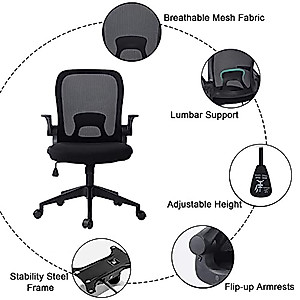 Ergonomic Office Chair Desk Chairs with Wheels and Arms, Breathable Mesh Computer Desk Chair with Lumbar Support, Flip-Up Arms/Foldable Backrest/Adjustable Height/Mid Back Task Chair (Black)