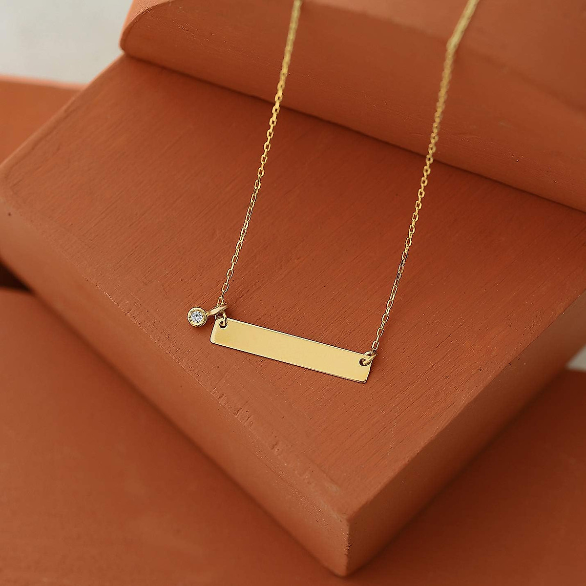 GELIN 14K Solid Gold Bar Necklace with Diamond | 14k Gold Pendant Necklace for Women, 18"