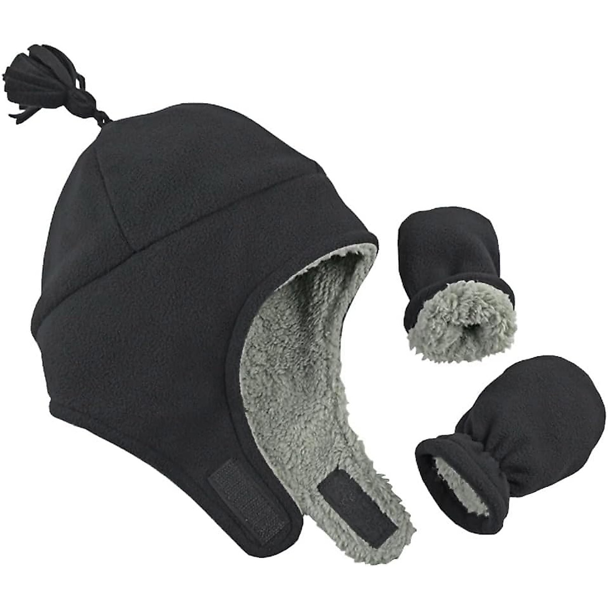 N'Ice Caps Toddler Baby Winter Hat Mitten Set - Kids Boys Girls Gloves Fleece Sherpa Lined (Black Infant, 12-18 Months)