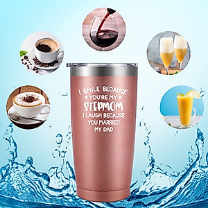 Lifecapido Stepmom Gift, Stepmom 20oz Tumbler with Lid and Straw, I Smile Because You Are My Stepmom Stainless Steel Travel Tumbler, Mother’s Day Gift Birthday Gift for Stepmom Bonus Mom, Rose Gold