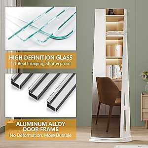 LVSOMT 360° Swivel Jewelry Armoire Cabinet, Full Length Mirror with Jewelry Storage, Standing Jewelry Armoire Organizer with Mirror, Rotatable, Large Capacity (White)