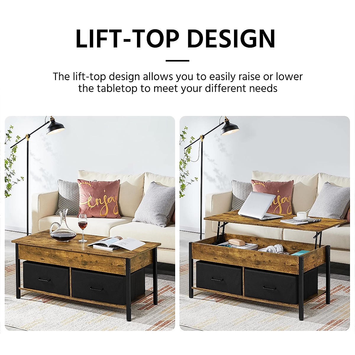 Yaheetech Living Room 3-Piece Coffee Table Sets for Home and Office, Lift Top Coffee Table with Baskets & Hidden Compartment, 2PCS Rustic Industrial End Tables with 2-Tier Shelves, Rustic Brown