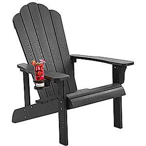 hOmeHua Hard Plastic Adirondack Chair Weather Resistant with Cup Holder, Imitation Wood Stripes, Easy to Assemble & Maintain, Outdoor Chair for Patio, Backyard Deck, Fire Pit & Lawn Porch - Black