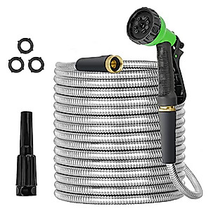 TVKB Metal Garden Hose 304 Stainless Steel Water Hose Super Tough Flexible Water Pipe with 3/4 inch Brass Fittings and Sprayer Nozzle, Kink & Tangle Free, Rust Proof (100FT)
