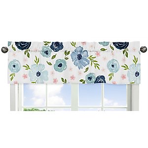 Sweet Jojo Designs Navy Blue and Pink Watercolor Floral Window Treatment Valance - Blush, Green and White Shabby Chic Rose Flower