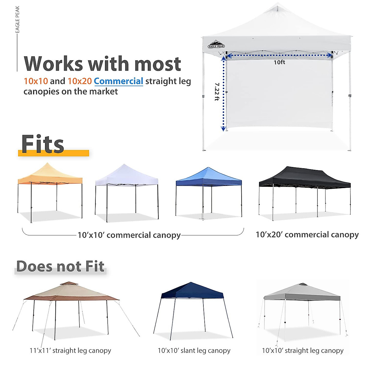 EAGLE PEAK Instant Canopy SunWall for EAGLE PEAK 10x10 Commercial Pro Instant Pop-up Canopy, 1 Pack Sidewall, Universal, White