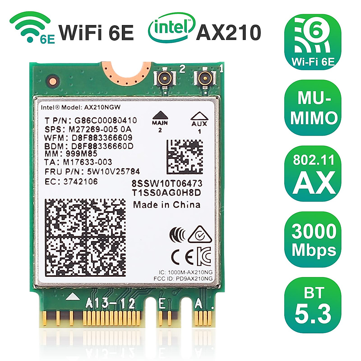 AX210NGW WiFi Card, WiFi 6E 802.11ax Wireless Card Intel AX210 NGW Bluetooth 5.3 Tri-Band 5400Mbps Network Adapter Wireless Module Expand to 6GHz for Laptop Support Windows 10/11 (64bit) M.2/NGFF