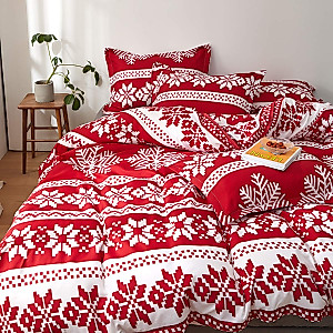 Christmas Duvet Cover Set Queen Size, Red and White Snowflake Xmas Holiday Pattern Design, Soft Microfiber Duvet Cover with Zipper Closure, Includes 1 Duvet Cover and 2 Pillow Shams
