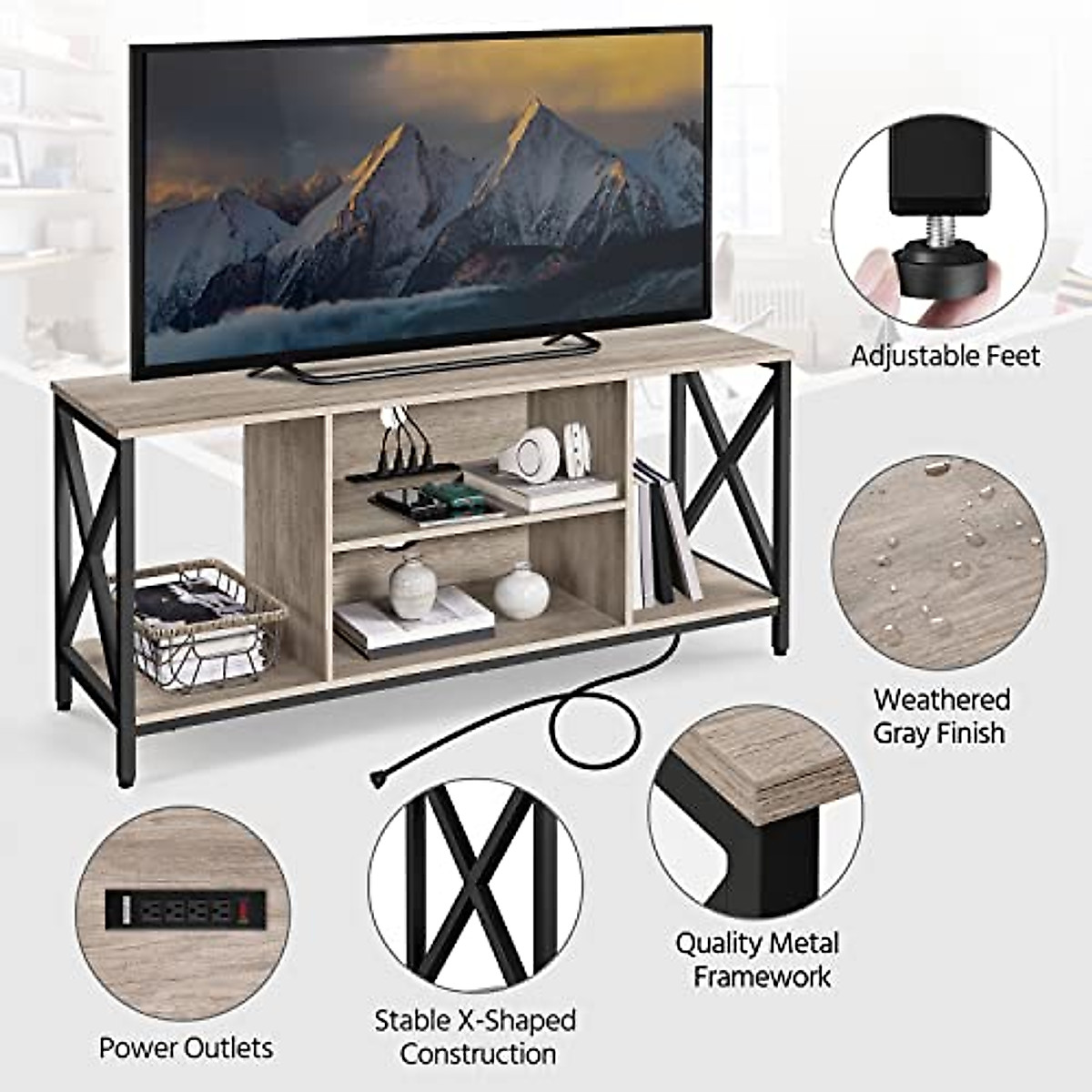 Yaheetech TV Stand for 65 Inch TV, Industrial Entertainment Center TV Console with Power Outlets, Modern TV Cabinet with Open Storage Shelves for Living Room, Gray