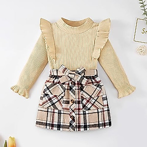 Weixinbuy 4t Girl Clothes Toddler Girl Clothes Fall Outfits Long Sleeve Turtleneck Knitted Sweater Top Plaid Mini Skirts Set Khaki 4-5T