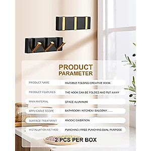 MrsJeggy 2 Pack，Watertight Black Gold Wall Hook，Towel Hooks for Bathroom Wall Mounted，Folding Black Coat Hook，No Punching，Wall Mounted Hook，Door Robe Hook，Bathroom Towel Hook，Also for Balcony，Kitchen