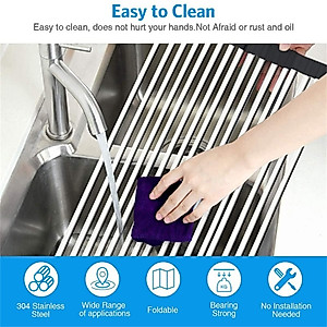 CNFZLIYUER Over The Sink Dish Drying Rack, Foldable Kitchen Roll Up Dish Drying Rack, Portable Stainless Steel Dish Drainer, Roll Up Dish Drying Rack for Kitchen Sink Counter (14.6"x11.8")