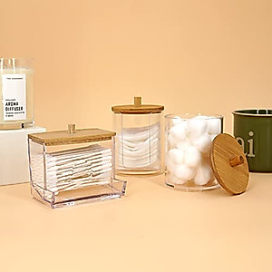 Yujanery 3 Pack Qtip Holder, 10/7-Ounce Bathroom Organizer Accessories Storage Containers Clear Plastic Apothecary Jars with Bamboo Lids for Cotton Ball, Cotton Swab, Floss