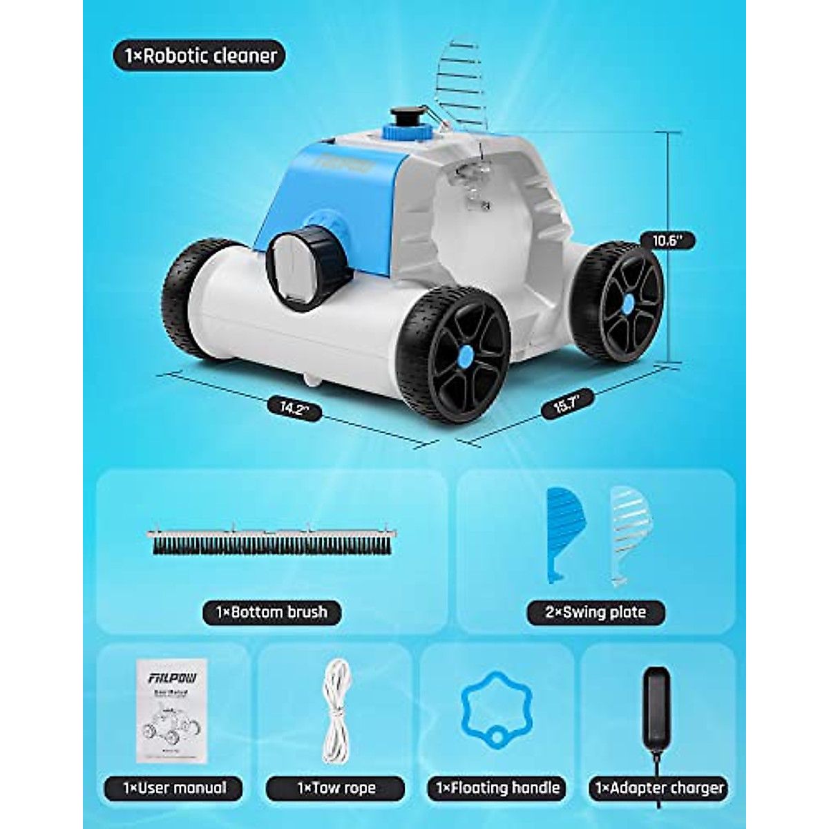 (2023 New) FIILPOW Cordless Robotic Pool Cleaner, Automatic Pool Vacuum with Dual-Suction, Auto-Docking, 90 Mins Runtime, Lightweight, Rechargeable, IPX8 Waterproof, for Pools Up to 800 Sq.ft, Blue