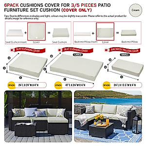 ClawsCover 6Pack Outdoor Seat and Back Cushions Replacement Covers Fit for 3 Pieces 3-Seater Wicker Rattan Patio Furniture Conversation Set Sectional Couch Chair,Cream-Include Cover Only