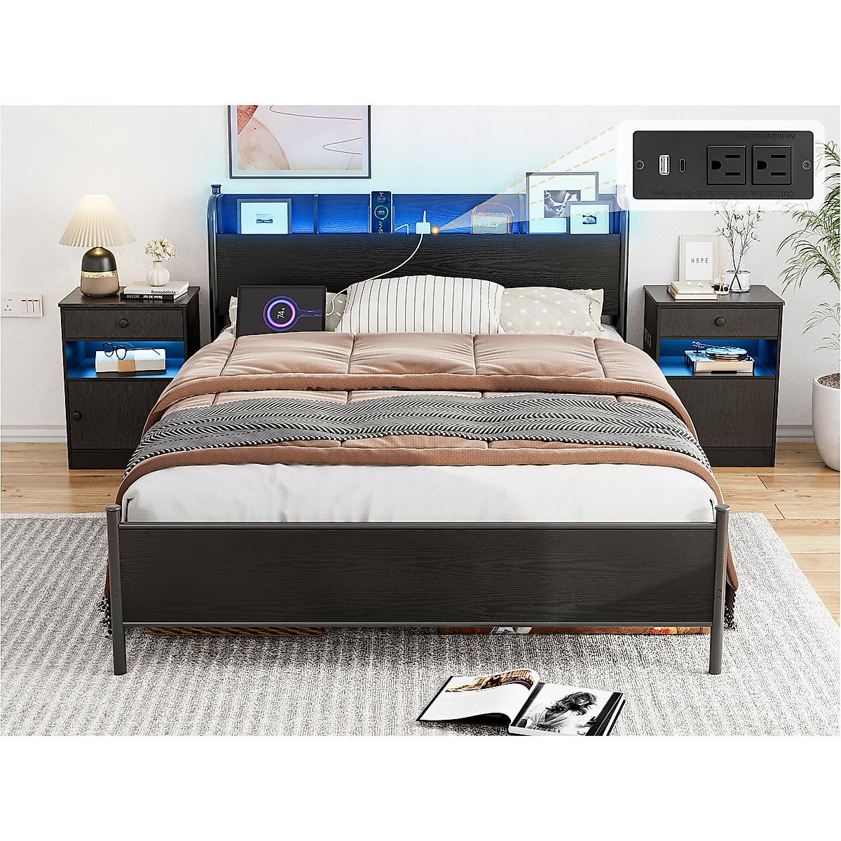 IKIFLY Queen Bed Frame with Storage Shelf Headboard & Charging Station - Metal LED Platform Bed with Strong Steel Slats, No Box Spring Needed, Noise Free, Industrial Vintage Design - Black