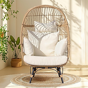 FINCATI Outdoor Indoor Egg Chair, 440lb PE Rattan Wicker Oversized Lounger Egg Basket Chair with Cushion, Patio Stationary Egg Chair for Bedroom Backyard Living Room Beige