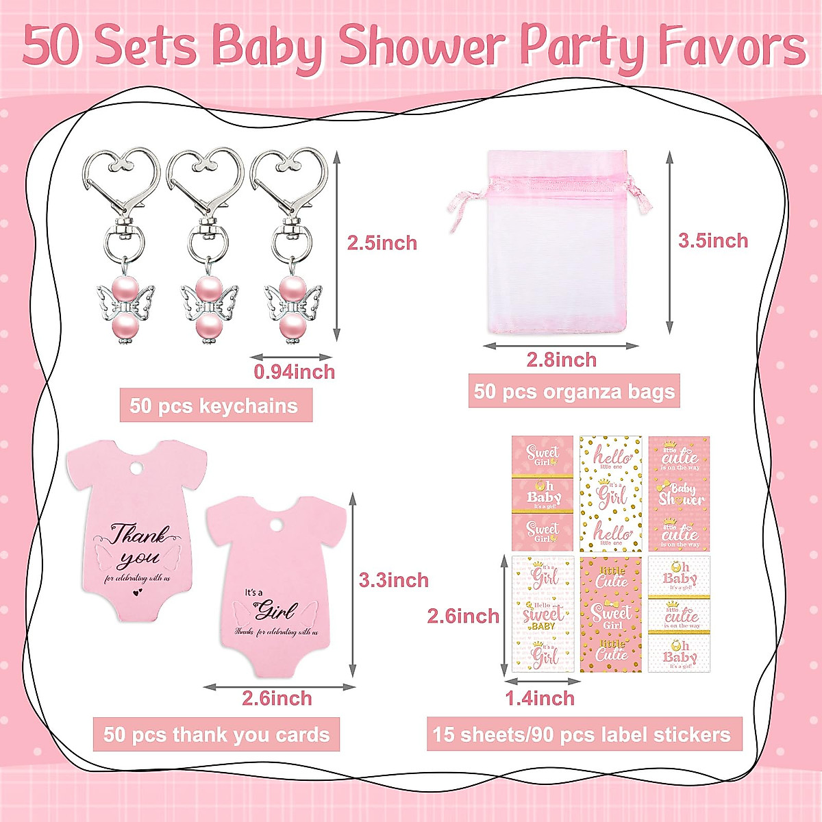Teling 50 Sets Baby Shower Party Favors Include Baby Shower Angel Keychains Baby Girl Label Sticker Elephant Thank You Card Organza Bag for Girl Baby Shower Birthday Party Return Gift (Pink)