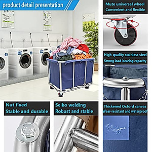 XIJIXILI Laundry Cart with Wheels Commercial 10 Bushel Heavy Duty Laundry Basket Trucks Cart, Oversized Stainless Steel Laundry Cart with Waterproof Oxford Cloth 260 LBS Weight for Hotels and Hospital