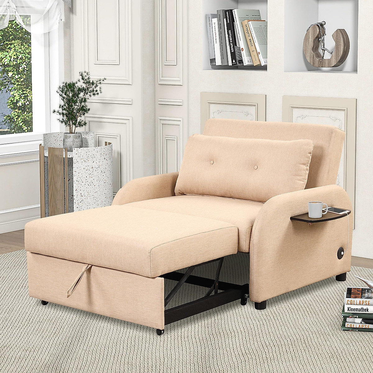 P PURLOVE 3 in 1 Linen Sleeper Sofa Couch Bed, Modern Convertible Sleeper Sofa Bed, Small Sofa Bed with 2 Wing Table Side Pocket and USB Charge for Living Room, Apartment, Beige