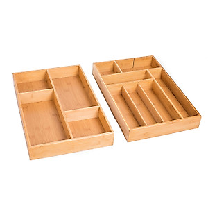 BirdRock Home 2 pc Bamboo Utility Drawer Organizer – Utensil Silverware – Spoon Knife Fork –18 Inch – Large – Natural Wood – Tray – Adjustable Kitchen Organization