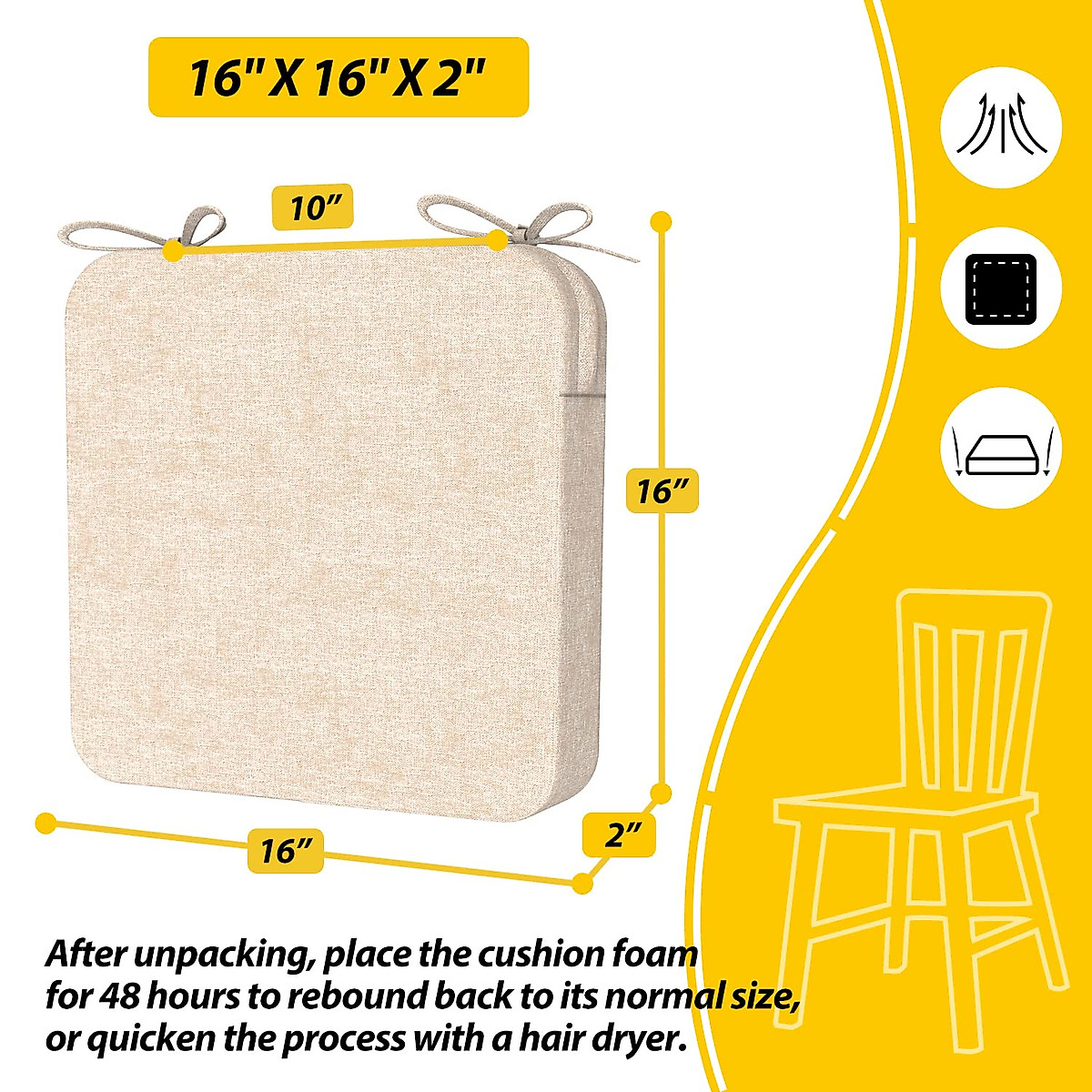 AAAAAcessories Square Chair Cushions for Dining Chairs with Ties and Removable Cover, 2" Thick Dining Kitchen Chair Pads, Indoor Dining Room Chair Cushions, 16" x 16", Set of 2, Beige