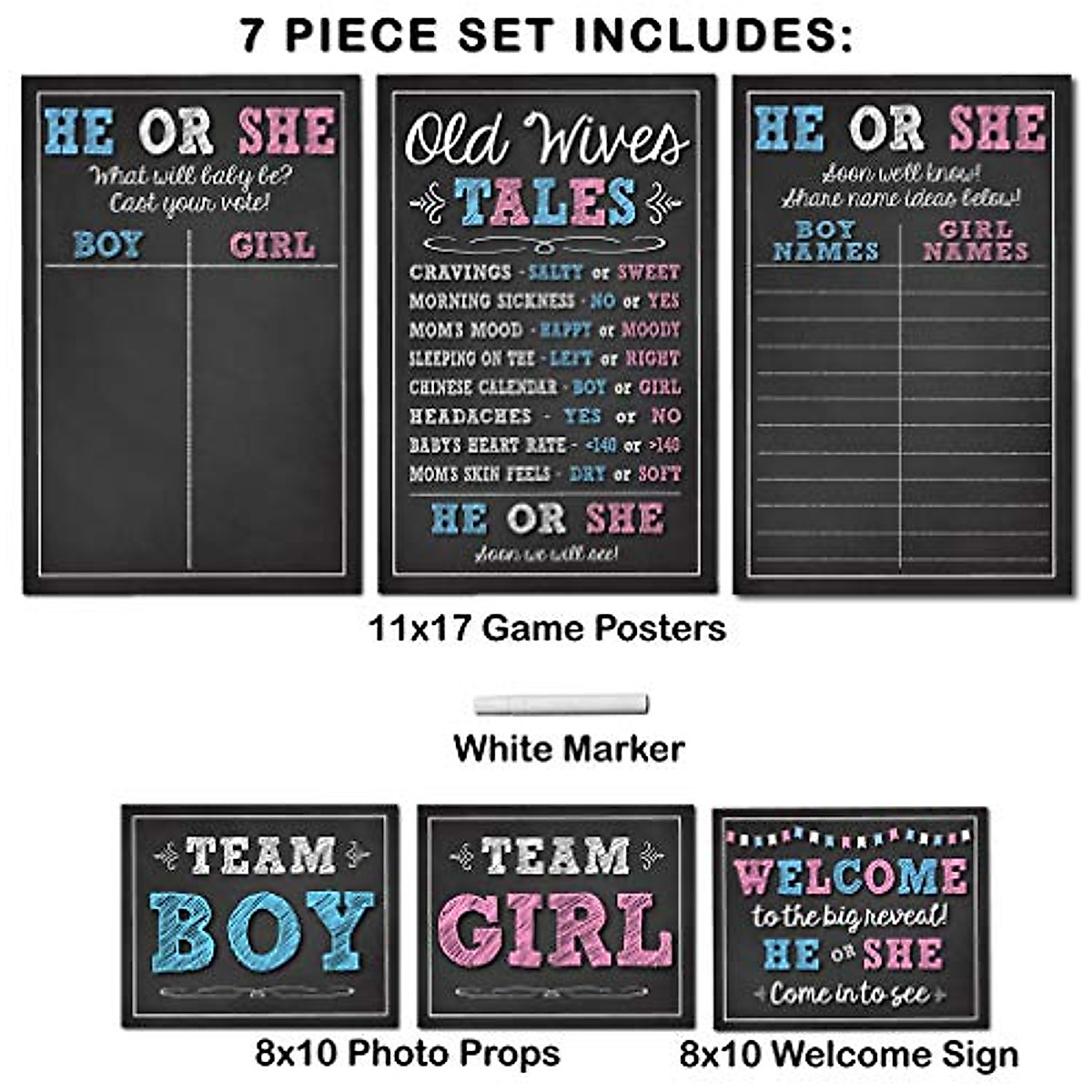 Katie Doodle Gender Reveal Decorations, Gender Reveal Games for Guests, Baby Boy or Girl Gender Reveal Party Supplies Kit - Includes 3 Game Posters (11x17), 1 Chalk Marker (Erasable), 3 Signs (8x10)
