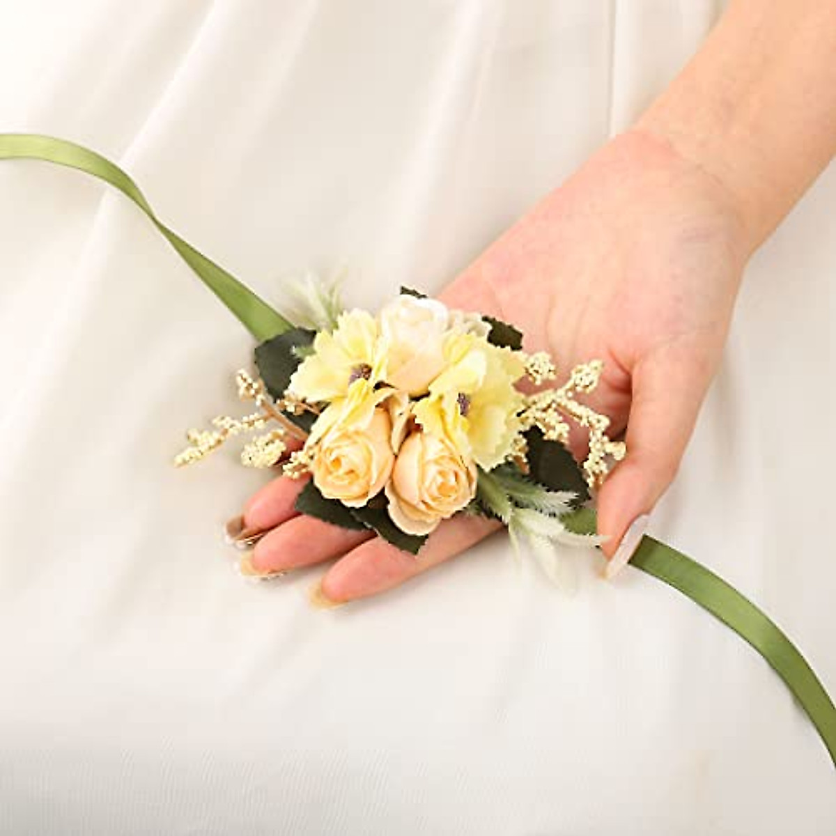 Yean Flower Bride Wedding Wrist Corsage Champagne Leaf Bridal Hand Flowers Whith Ribbon Floral Bridesmaid Corsages Wristlet Party Prom Decorations Accessories for Women and Girls