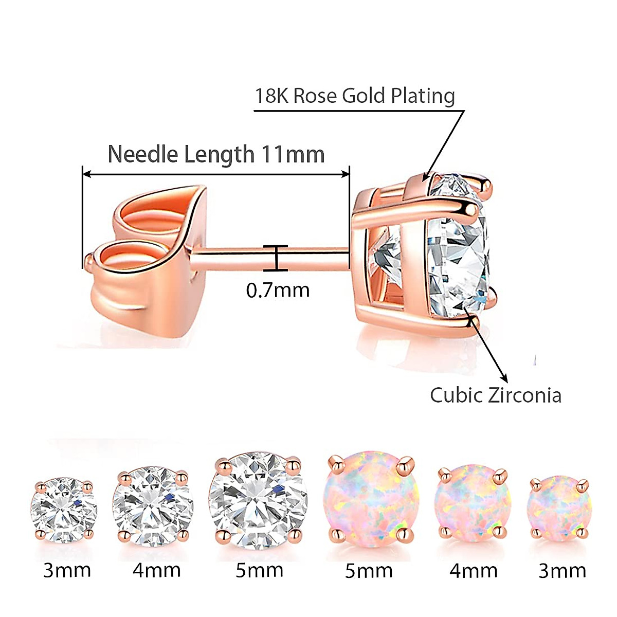 6 Pairs Stud Earrings Set,Hypoallergenic Opal Earrings Rose Gold Cubic Zirconia Stud Earrings for Women