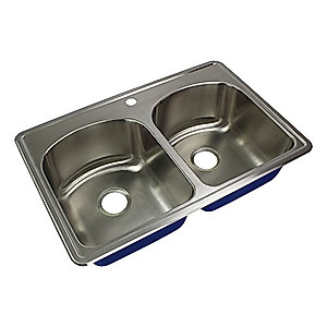 Transolid K-MTDD33229-1 Meridian 1-Hole Drop-in 50/50 Double Bowl 16-Gauge Stainless Steel Kitchen Sink Kit, 33-in x 22-in x 9-in, Brushed Finish