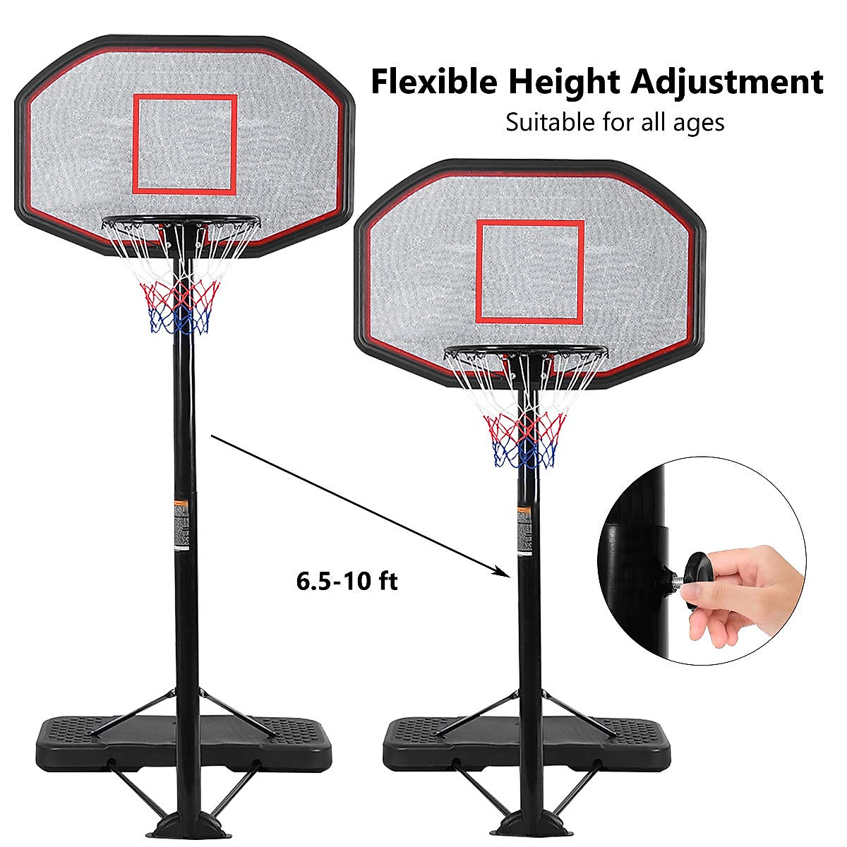 GYMAX Basketball Hoop, 6.5-10FT Height Adjustable Basketball System with 3’’ Thick Tube, Shatterproof Backboard, 2 Wheels, All Weather Portable Basketball Goal for Kids Teens Adult, Indoor Outdoor Gym