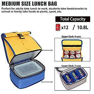 SUNNY BIRD Insulated Dual Compartment Lunch Bag Expandable Roll Top Lunch Box for Adult Women Girl Teen (Yellow, Medium)