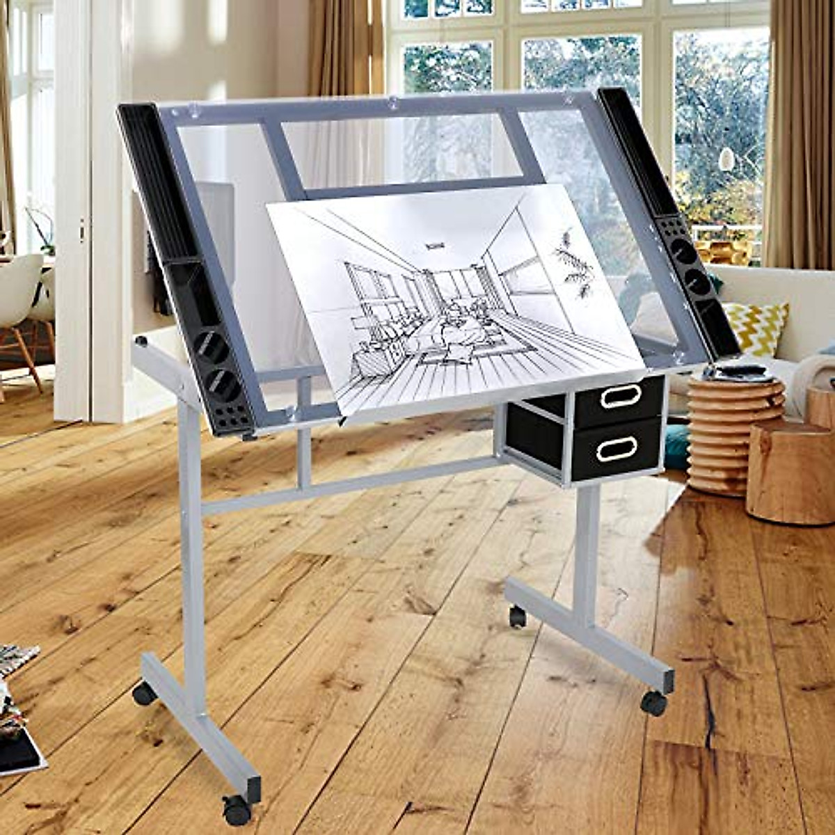 JupiterForce Adjustable Drafting Table Drawing Desk Art Desk Versatile Art Craft Work Station Glass Tabletop w/2 Slide Drawers and Wheels for Reading, Writing, Painting Home Office